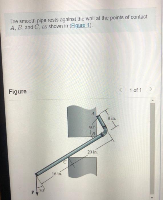 Solved The smooth pipe rests against the wall at the points | Chegg.com