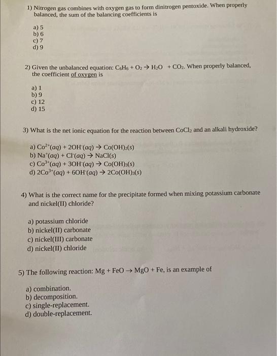 Solved 1) Nitrogen gas combines with oxygen gas to form | Chegg.com