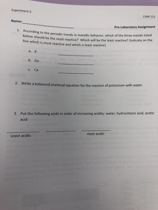 Solved Experiment 5 CHM 111 Name: Pre-Laboratory Assignment | Chegg.com
