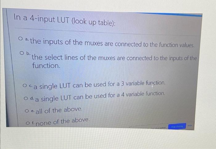 Solved In a 4-input LUT (look up table): Oathe inputs of the | Chegg.com