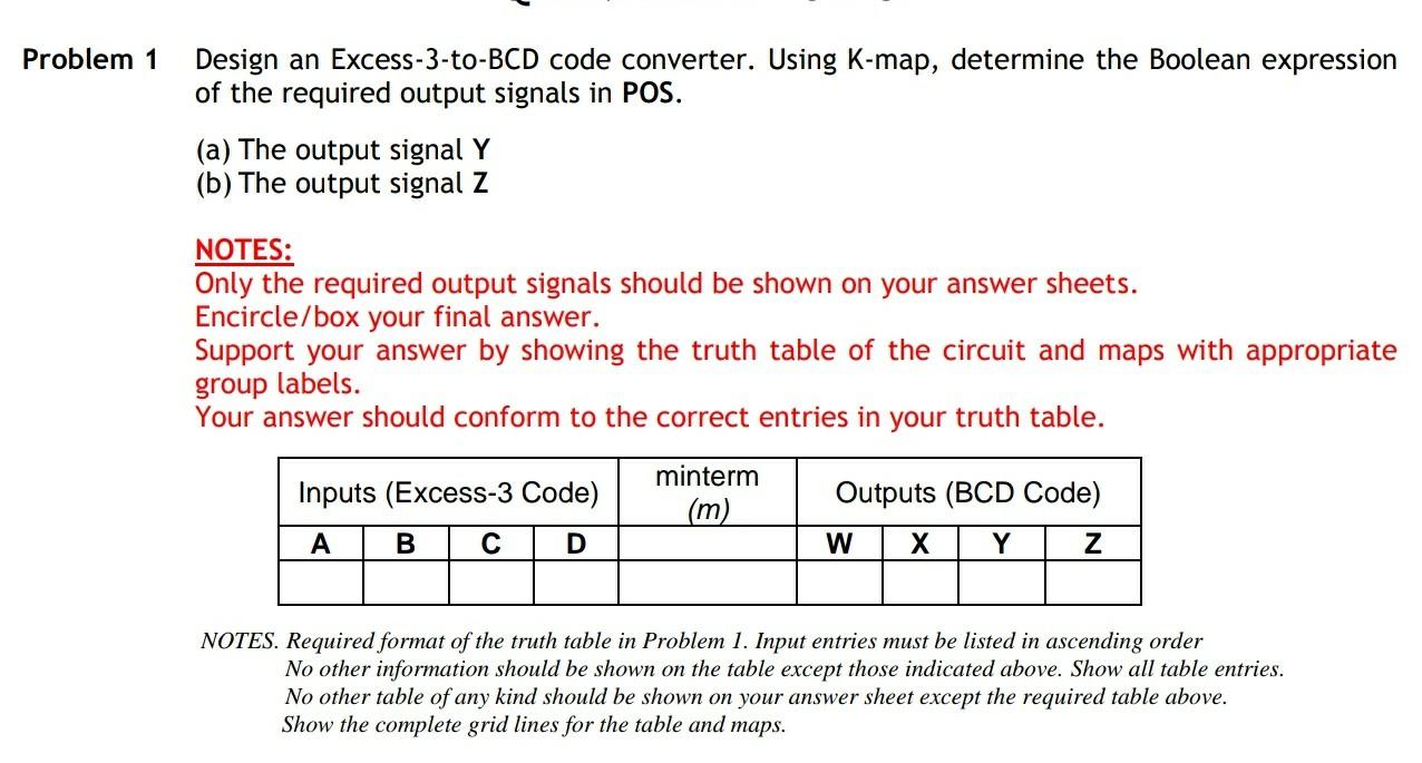 Solved 1 Design an Excess-3-to-BCD code converter. Using | Chegg.com