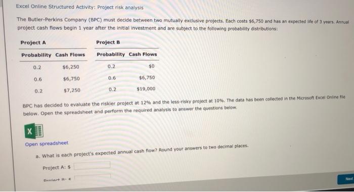 Solved Excel Online Structured Activity: Project risk | Chegg.com