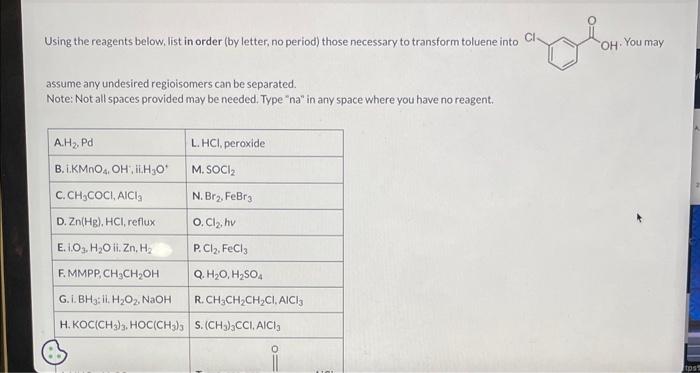 Solved Using the reagents below, list in order (by letter, | Chegg.com
