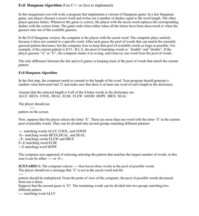 Solved Evil Hangman Algorithm Use C Or Java To Implement 1222