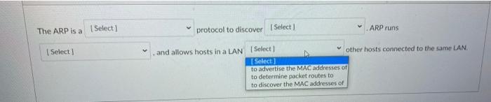 Solved The ARP is a Select) protocol to discover Select) ARP | Chegg.com
