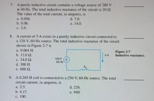 Solved 7. A purely inductive circuit contains a voltage | Chegg.com