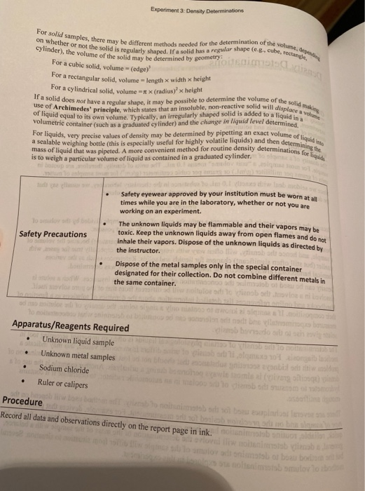 Solved Experiment 3 Density Determinations .na عقلا و be | Chegg.com