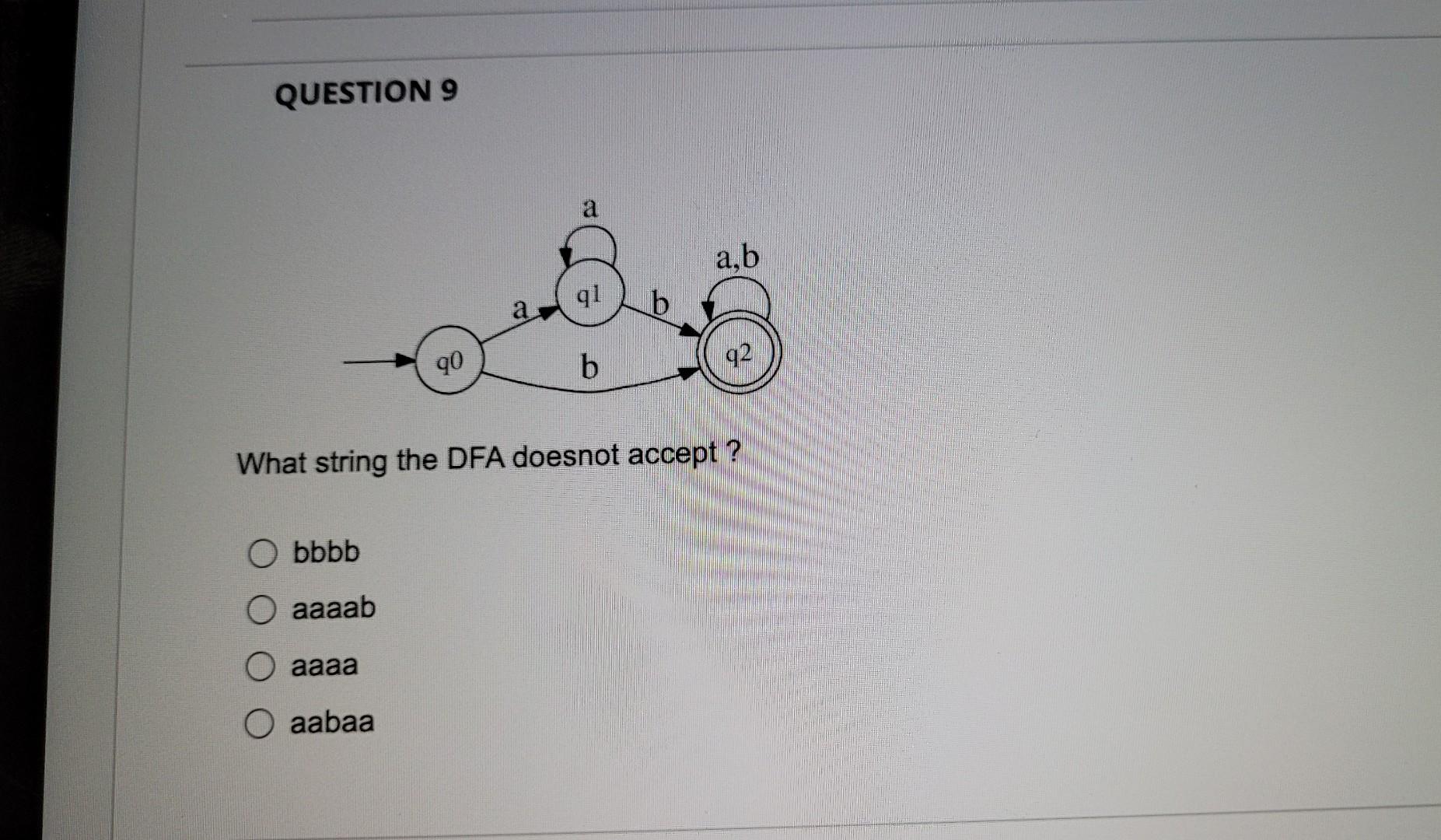 Solved QUESTION 9 What string the DFA doesnot accept ? bbbb | Chegg.com