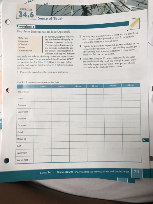 EXERCISE 34.6 Sense of Touch Procedure 1 Two-Point | Chegg.com