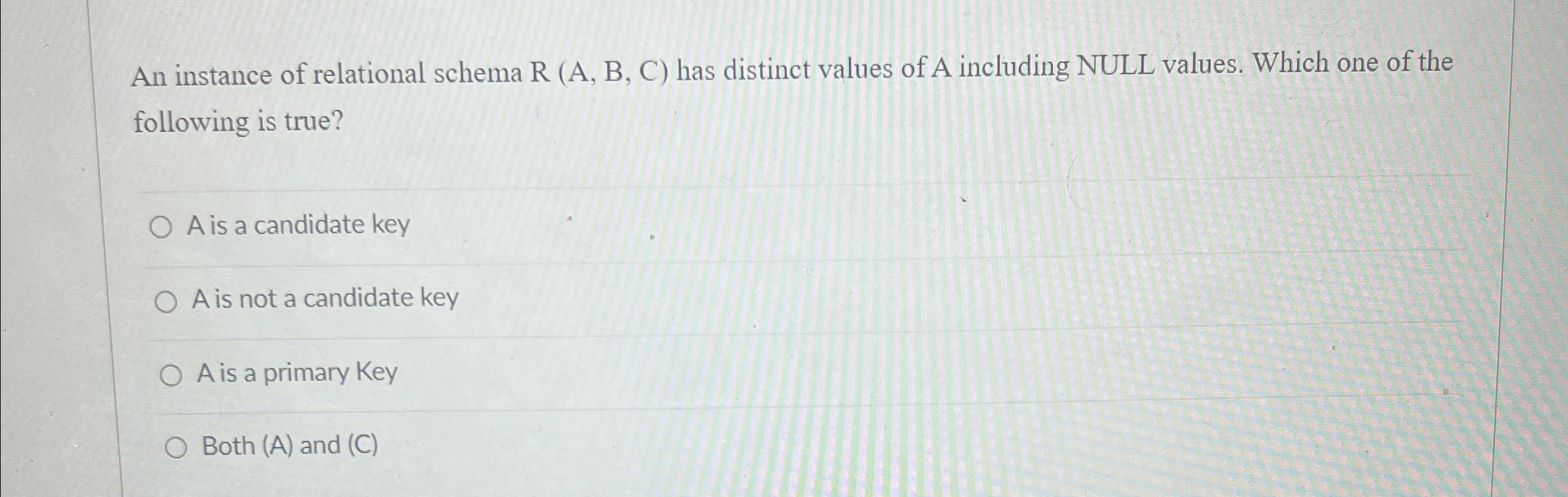 Solved An instance of relational schema R(A,B,C) ﻿has | Chegg.com