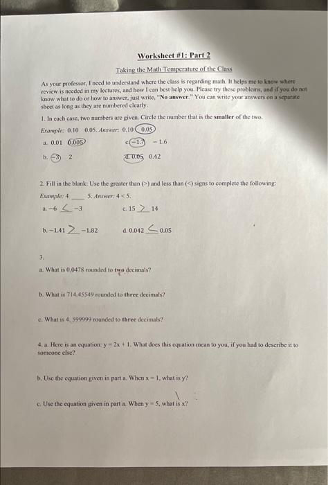 Solved Worksheet #1: Part 2 Taking the Math Temperature of | Chegg.com