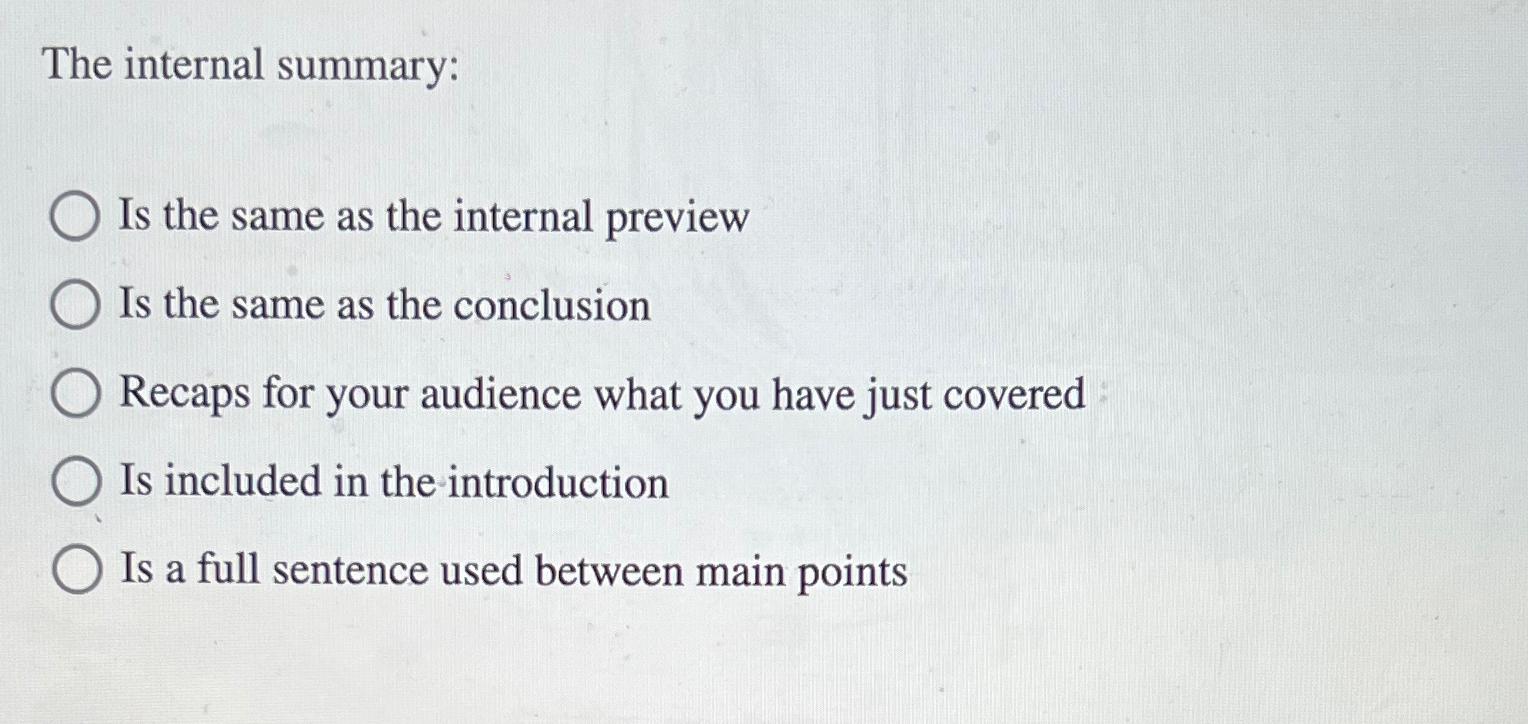 Solved The internal summary:Is the same as the internal | Chegg.com