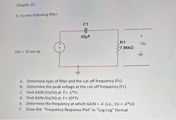 Solved 5. For the following filter: Vin=10sinwt a. Determine | Chegg.com