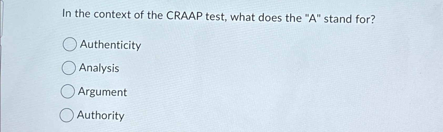 Solved In the context of the CRAAP test, what does the "A" | Chegg.com