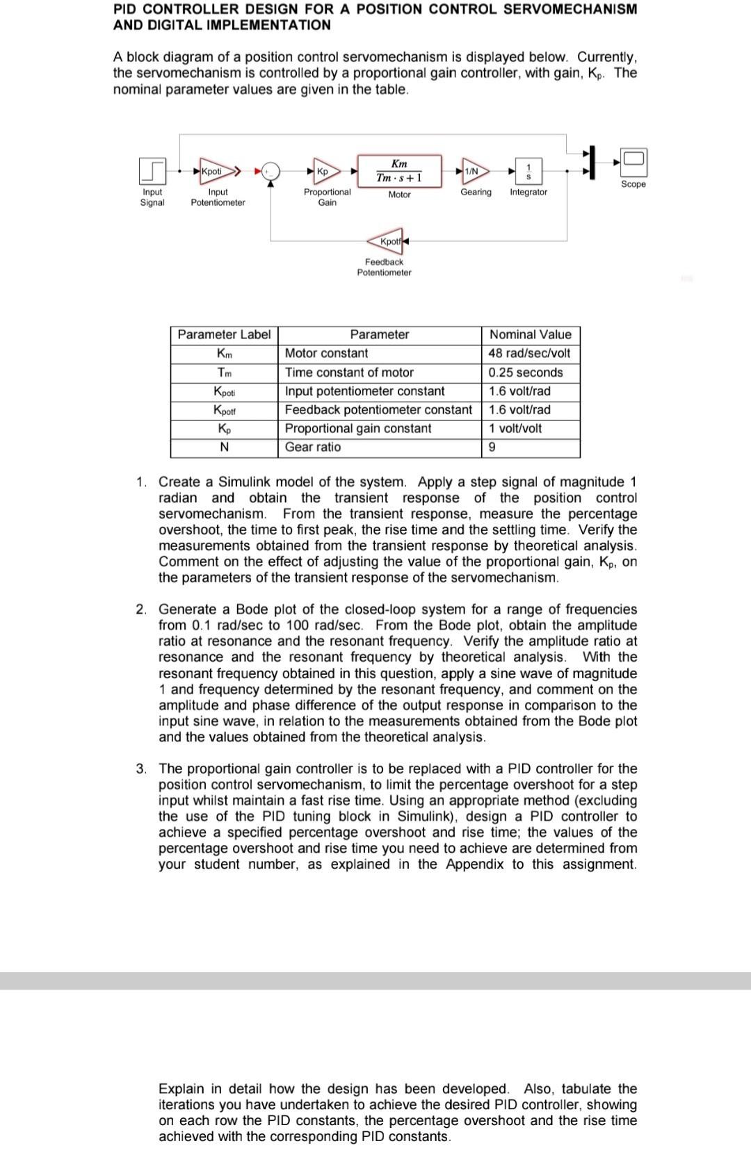 Solved PID CONTROLLER DESIGN FOR A POSITION CONTROL | Chegg.com