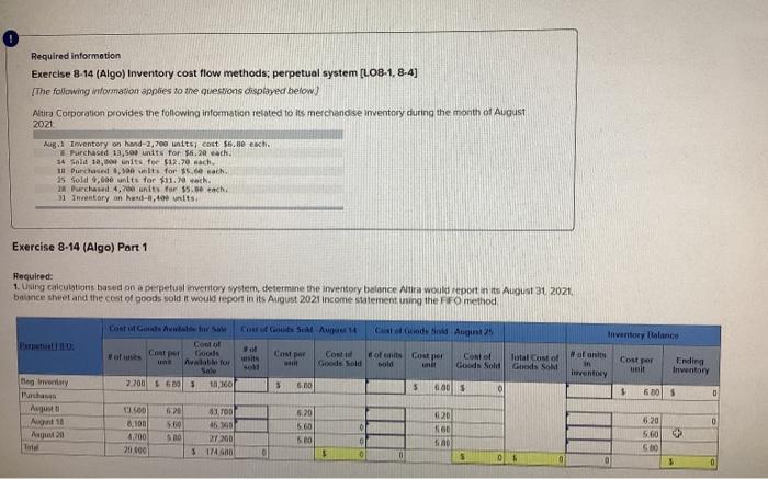 Solved Required informotion Exercise 8-14 (Algo) Inventory | Chegg.com