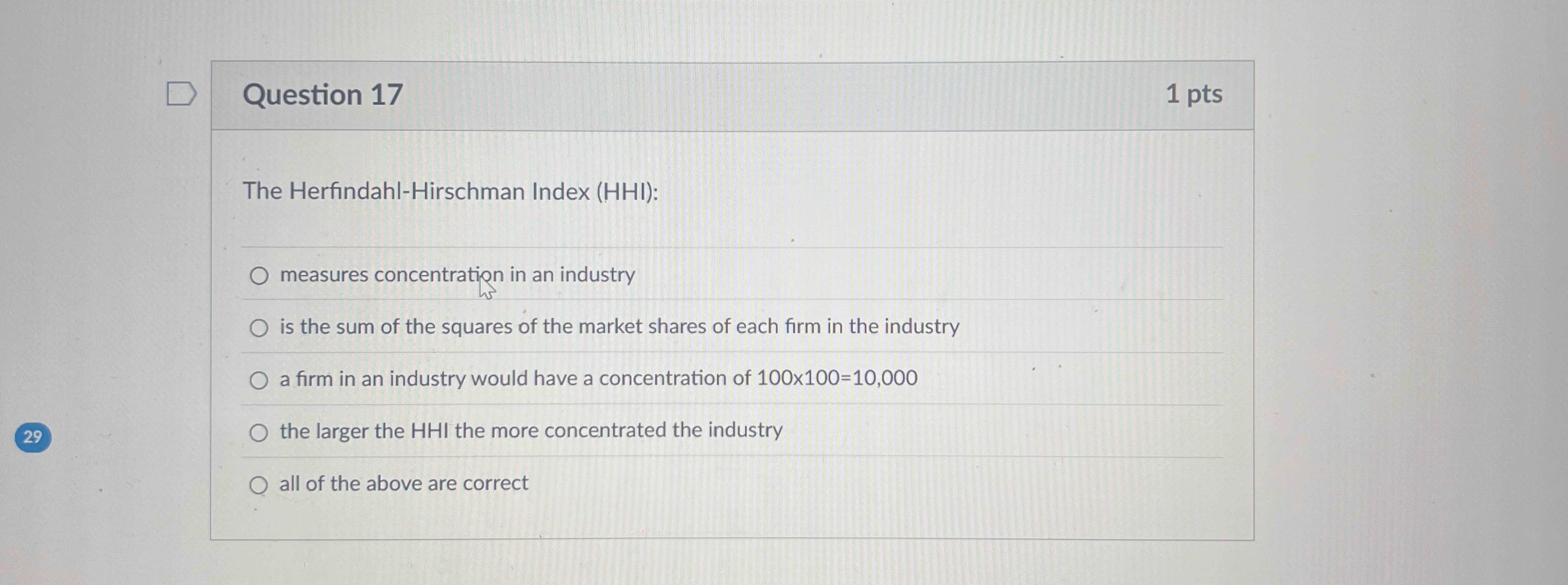 Solved Question 17The Herfindahl-Hirschman Index | Chegg.com
