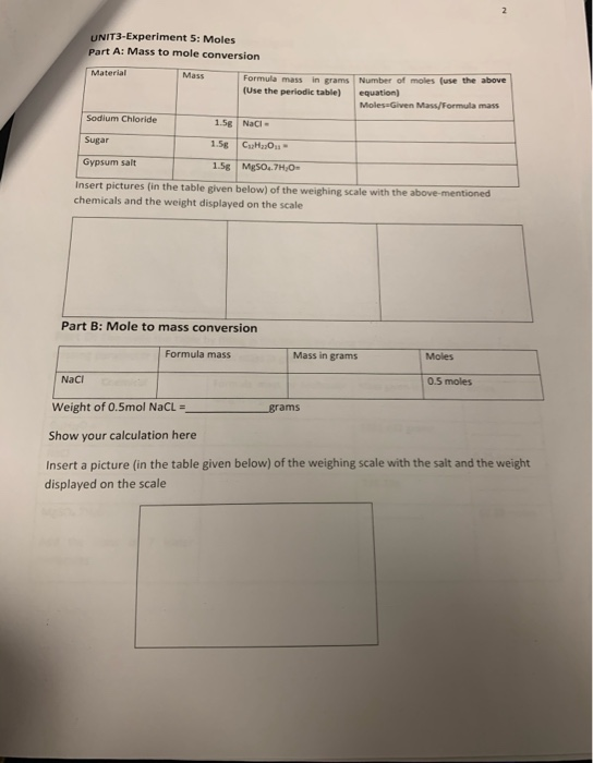 Solved UNIT3-Experiment 5: Moles Part A: Mass to mole | Chegg.com