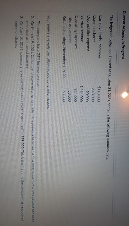 Solved Current Attempt in Progress The ledger of Cullumber | Chegg.com