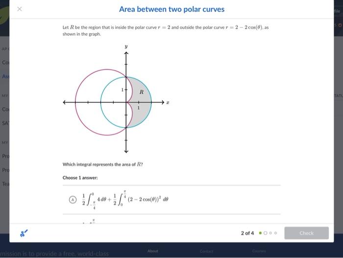 Solved Area between two polar curves Let R be the region | Chegg.com