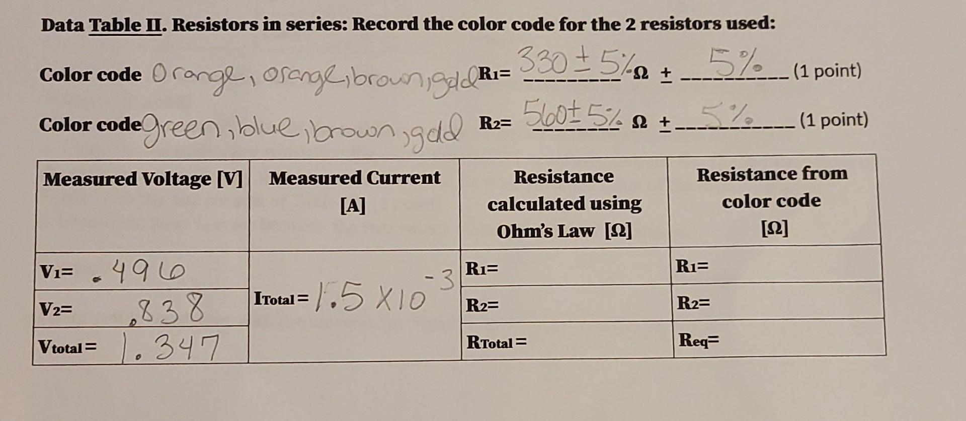 Solved Data Table II. Resistors in series: Record the color | Chegg.com