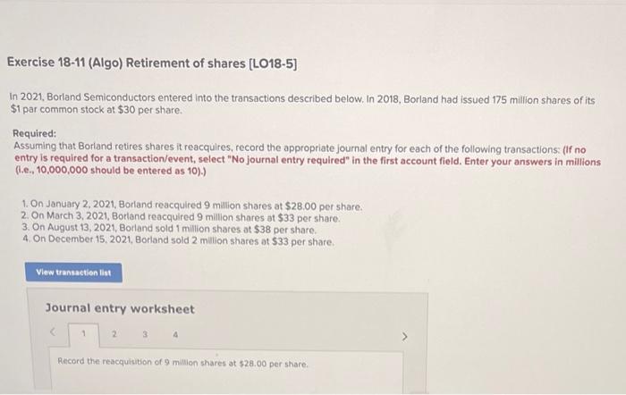 Solved Exercise 18-11 (Algo) Retirement of shares [LO18-5] | Chegg.com