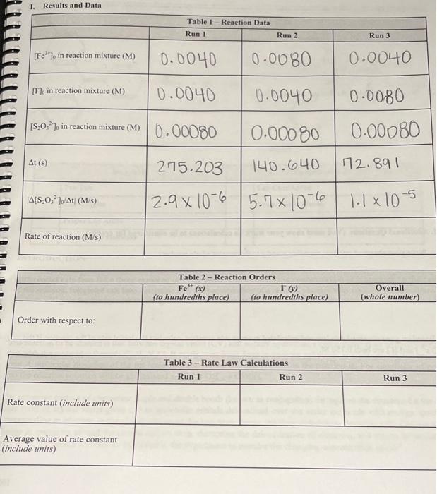 Solved 1. Results and Data Table 1 - Reaction Data Run 1 Run | Chegg.com