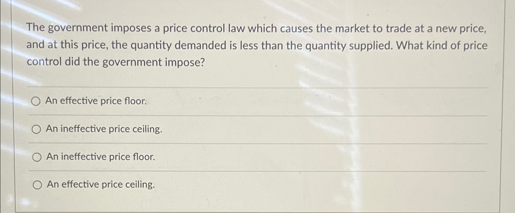 Solved The government imposes a price control law which | Chegg.com