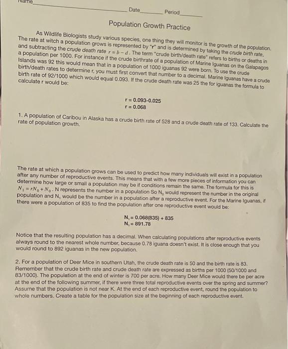 Solved Date Period Population Growth Practice As Wildlife | Chegg.com