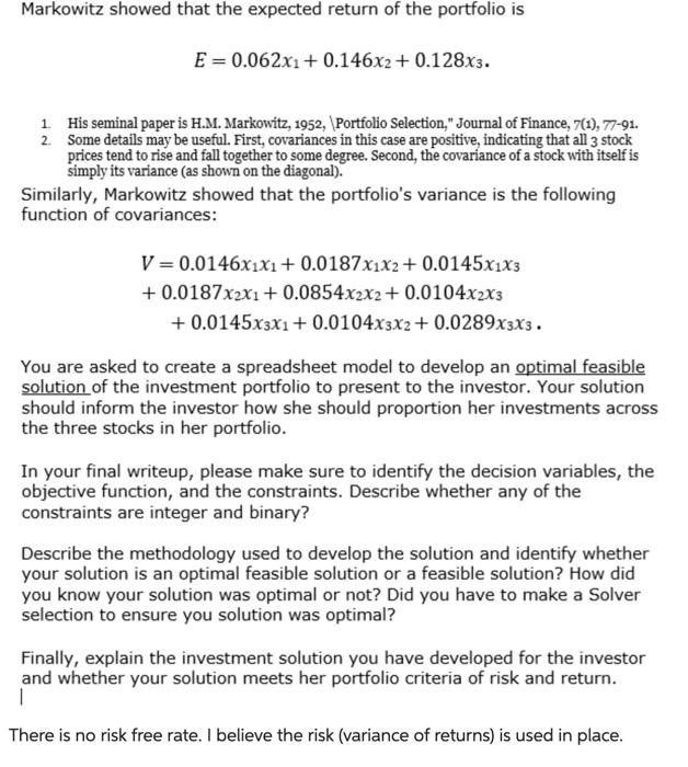Stock Selection Case Study Markowitz won the Nobel | Chegg.com