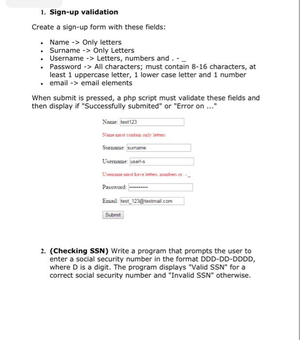Solved 1. Sign-up validation Create a sign-up form with | Chegg.com
