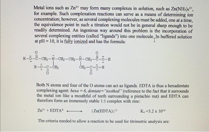 Solved Metal ions such as Zn2+ may form many complexes in | Chegg.com