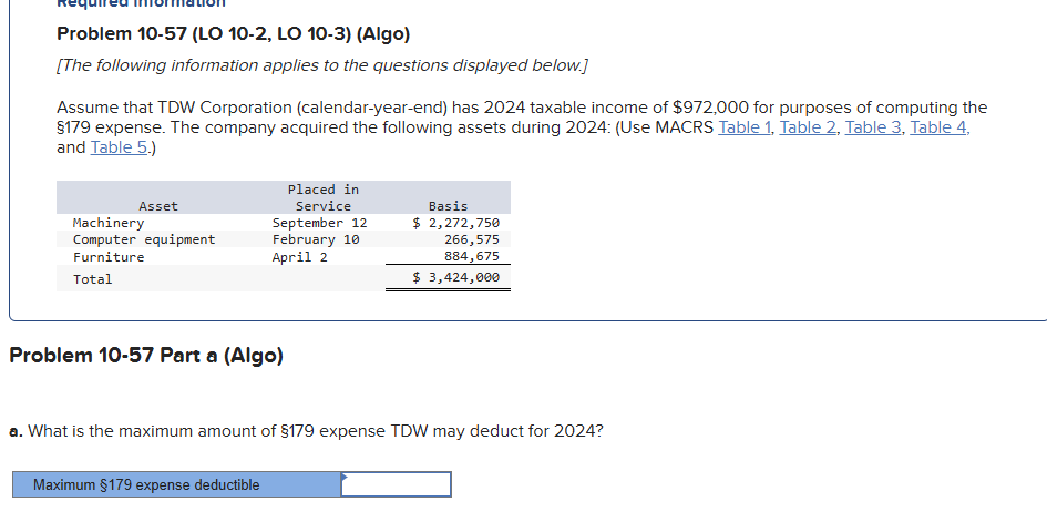 Solved Problem 10-57 (LO 10-2, ﻿LO 10-3) (Algo)[The | Chegg.com
