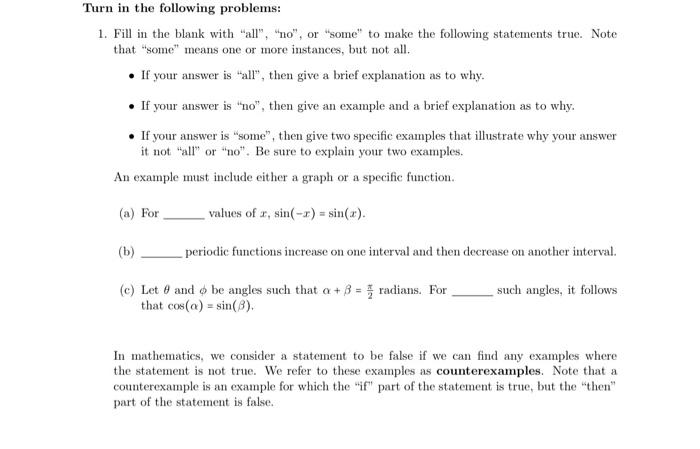 1. Fill in the blank with "all", "no", or "some" to | Chegg.com