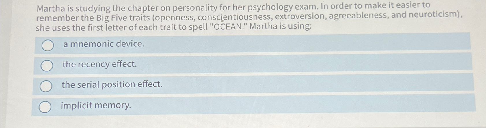 Solved Martha is studying the chapter on personality for her | Chegg.com