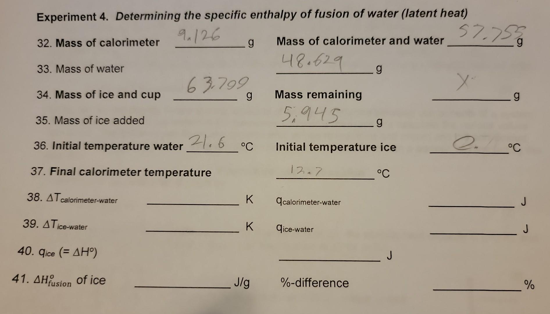 Solved Experiment 4. Determining the specific enthalpy of | Chegg.com