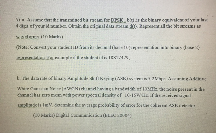 5) a. Assume that the transmitted bit stream for | Chegg.com