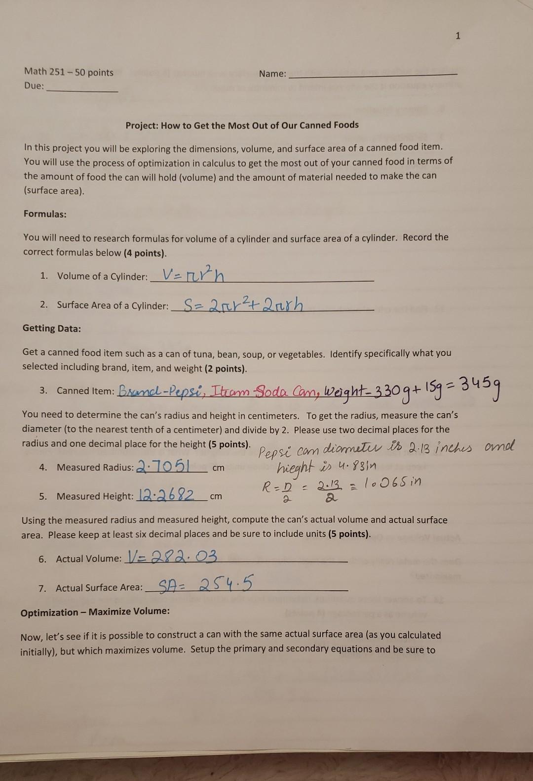 Solved 1 Math 251 - 50 points Due: Name: Project: How to Get | Chegg.com