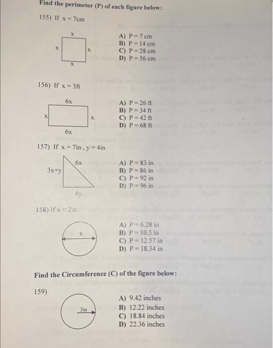 Solved Find the perimeter (P) of each figure below: 155) If | Chegg.com