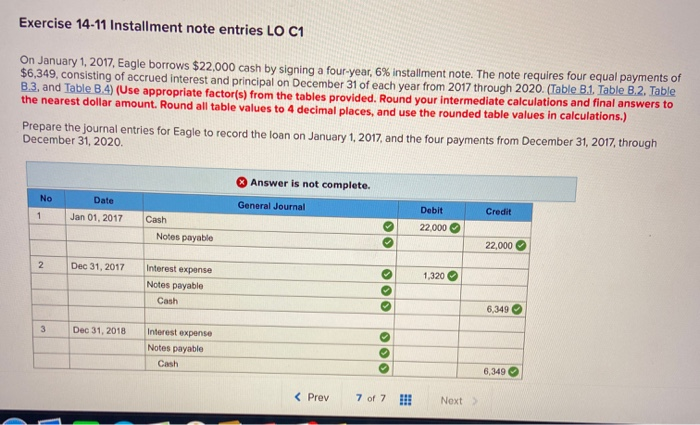 Solved Exercise 14-11 Installment note entries LO C1 On | Chegg.com