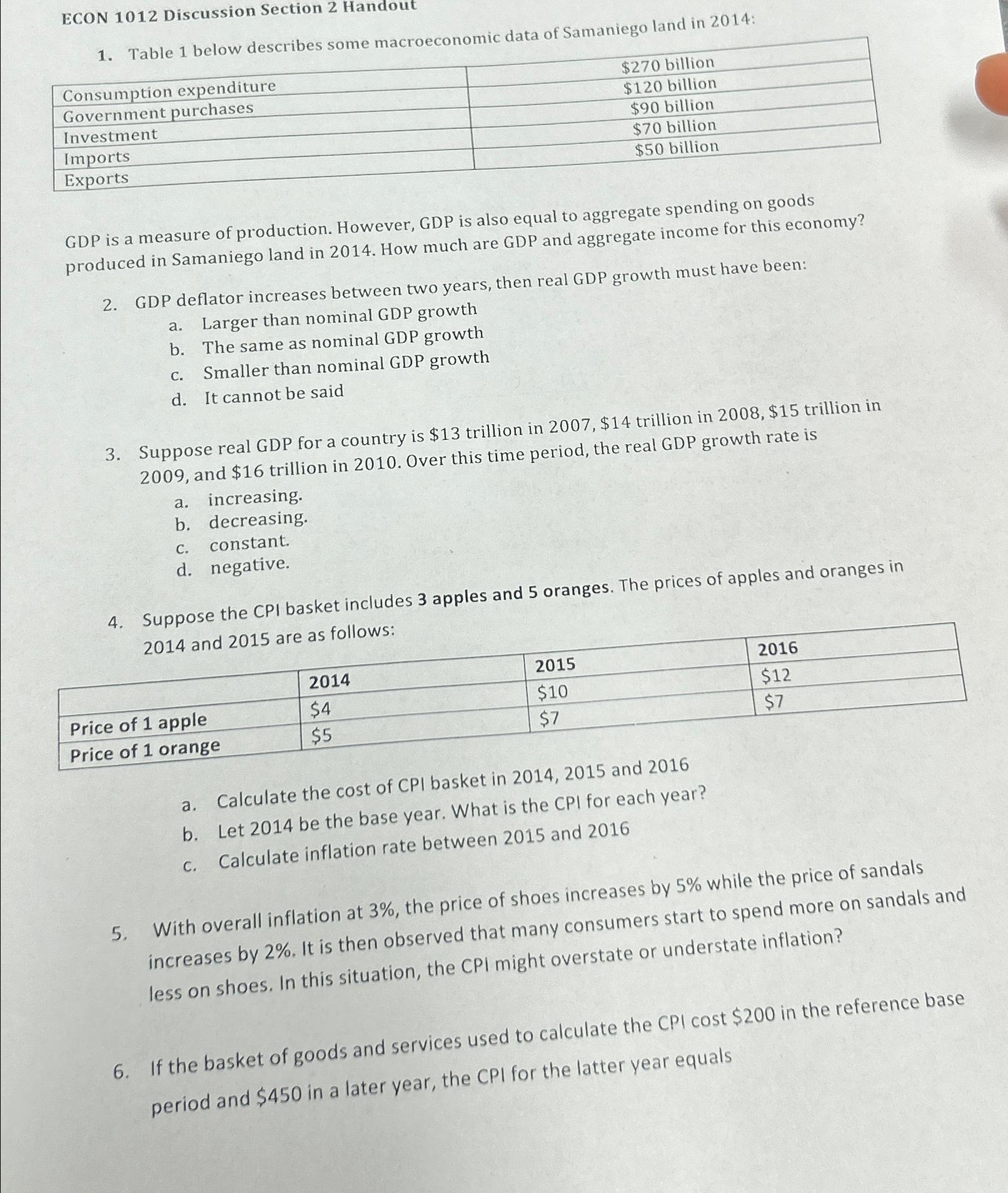 Solved ECON 1012 ﻿Discussion Section 2 ﻿HandoutTable 1 | Chegg.com