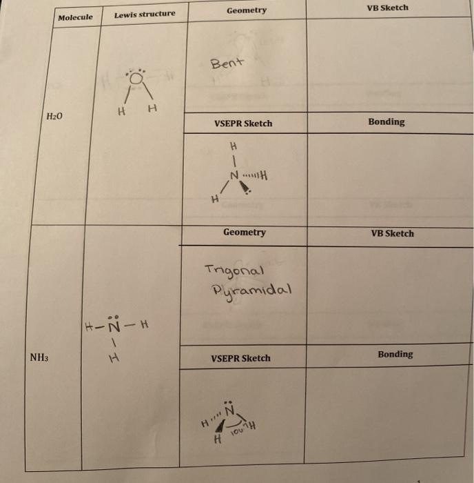 Solved Geometry VB Sketch Molecule Lewis structure Bent H20 | Chegg.com