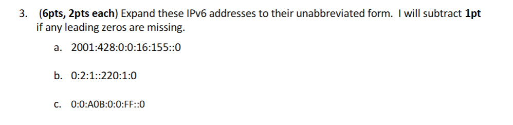 Solved (6pts, 2 ﻿pts each) ﻿Expand these IPv6 ﻿addresses to | Chegg.com