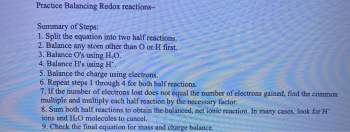 Solved Practice Balancing Redox reactions- Summary of Steps: | Chegg.com