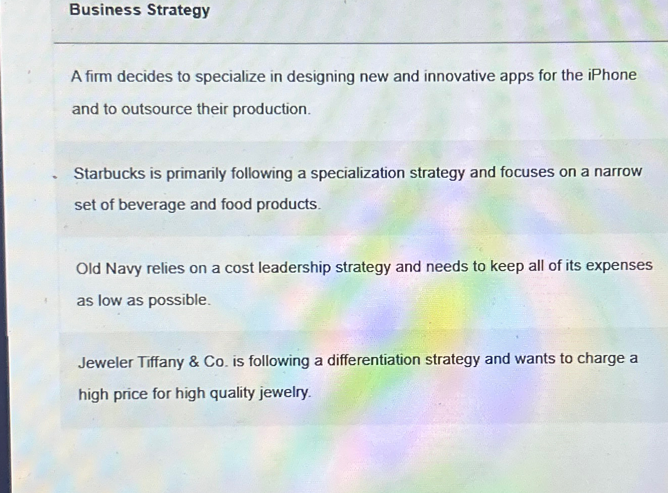 Solved Business StrategyA firm decides to specialize in | Chegg.com