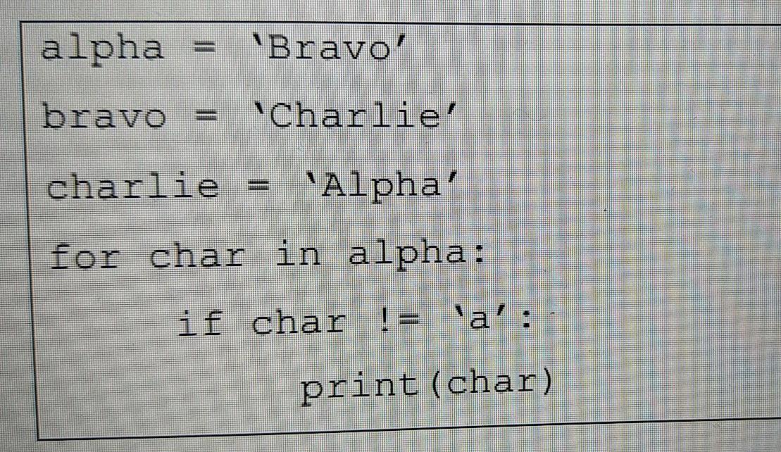 Solved alpha Am 'Bravo? bravo Charlie? charlie = 'Alpha' for | Chegg.com