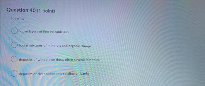 Solved Question 40 (1 point) Loess is: loose layers of fine | Chegg.com