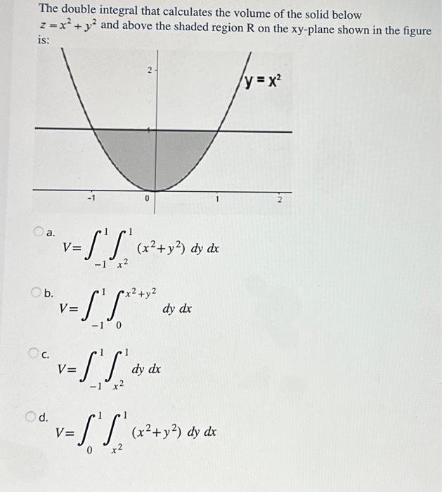 Solved The double integral that calculates the volume of the | Chegg.com