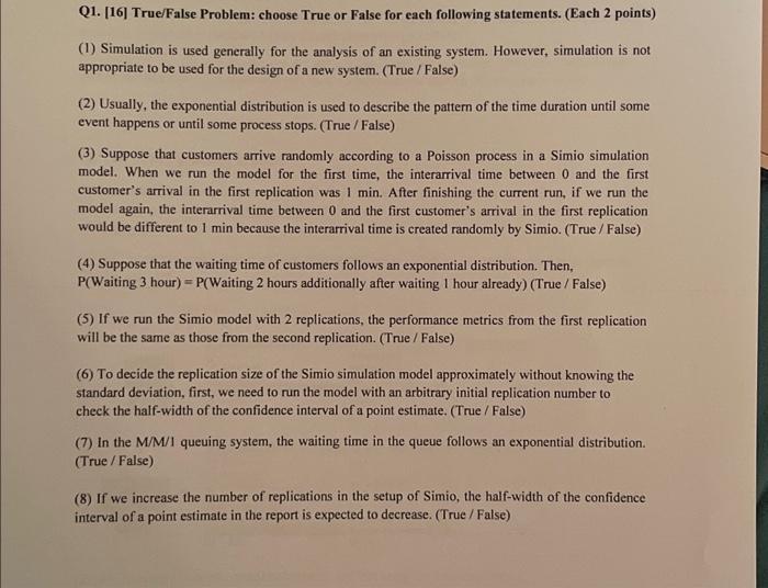 Solved Q1. [16] True/False Problem: choose True or False for | Chegg.com