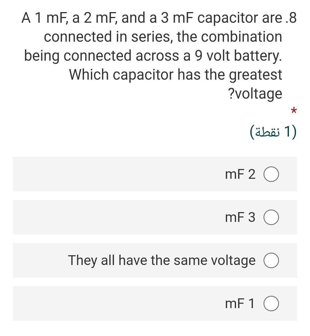 Solved A1 mF, a 2 mF, and a 3 mF capacitor are.8 connected | Chegg.com